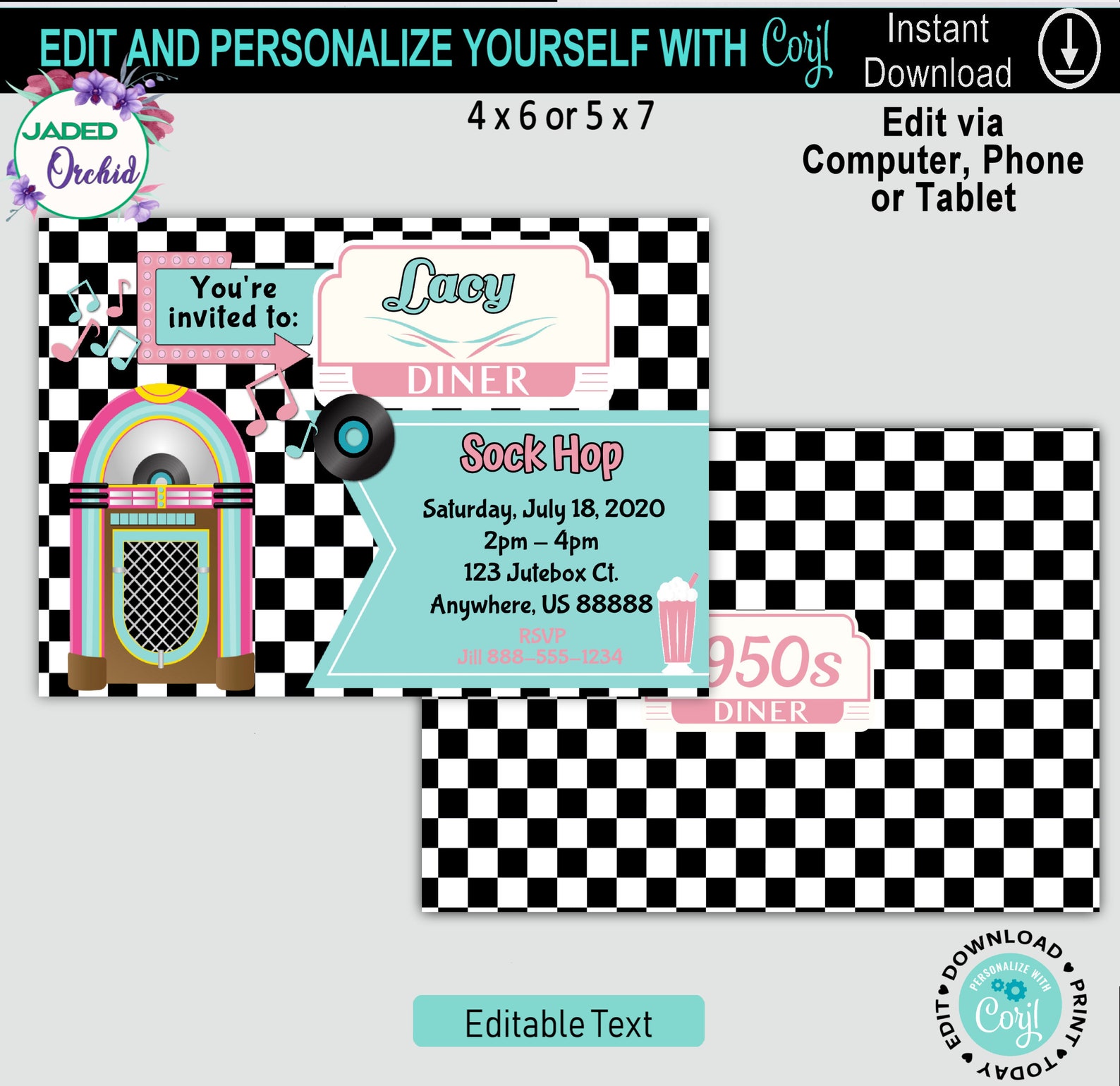 EDITABLE Sock Hop Party Invitations 60s Birthday Invitations | Etsy