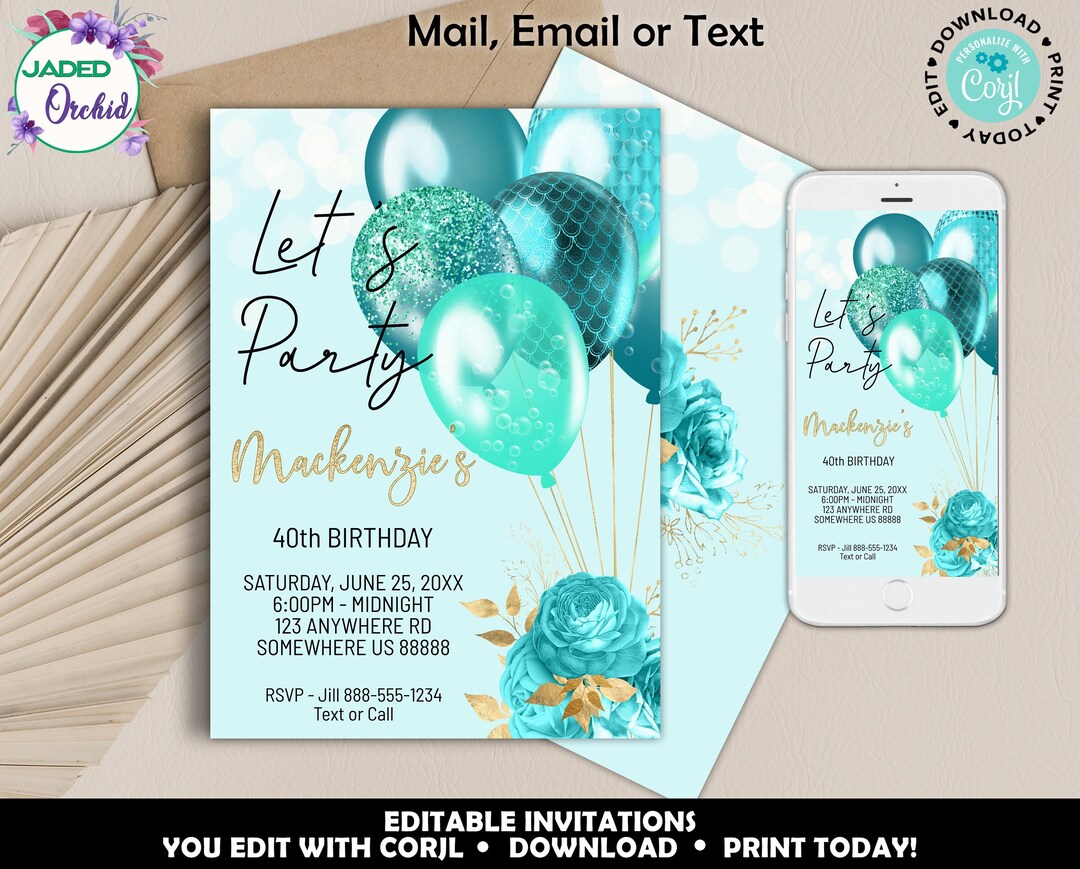 Printable Teal Birthday Invite, Teal and Gold Birthday Invitation, Let ...