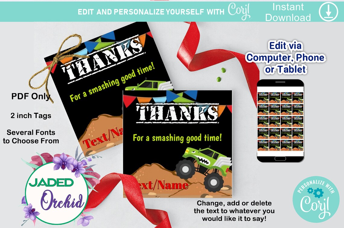 Monster Truck Party Monster Truck Favor Tags Thank You Tags | Etsy