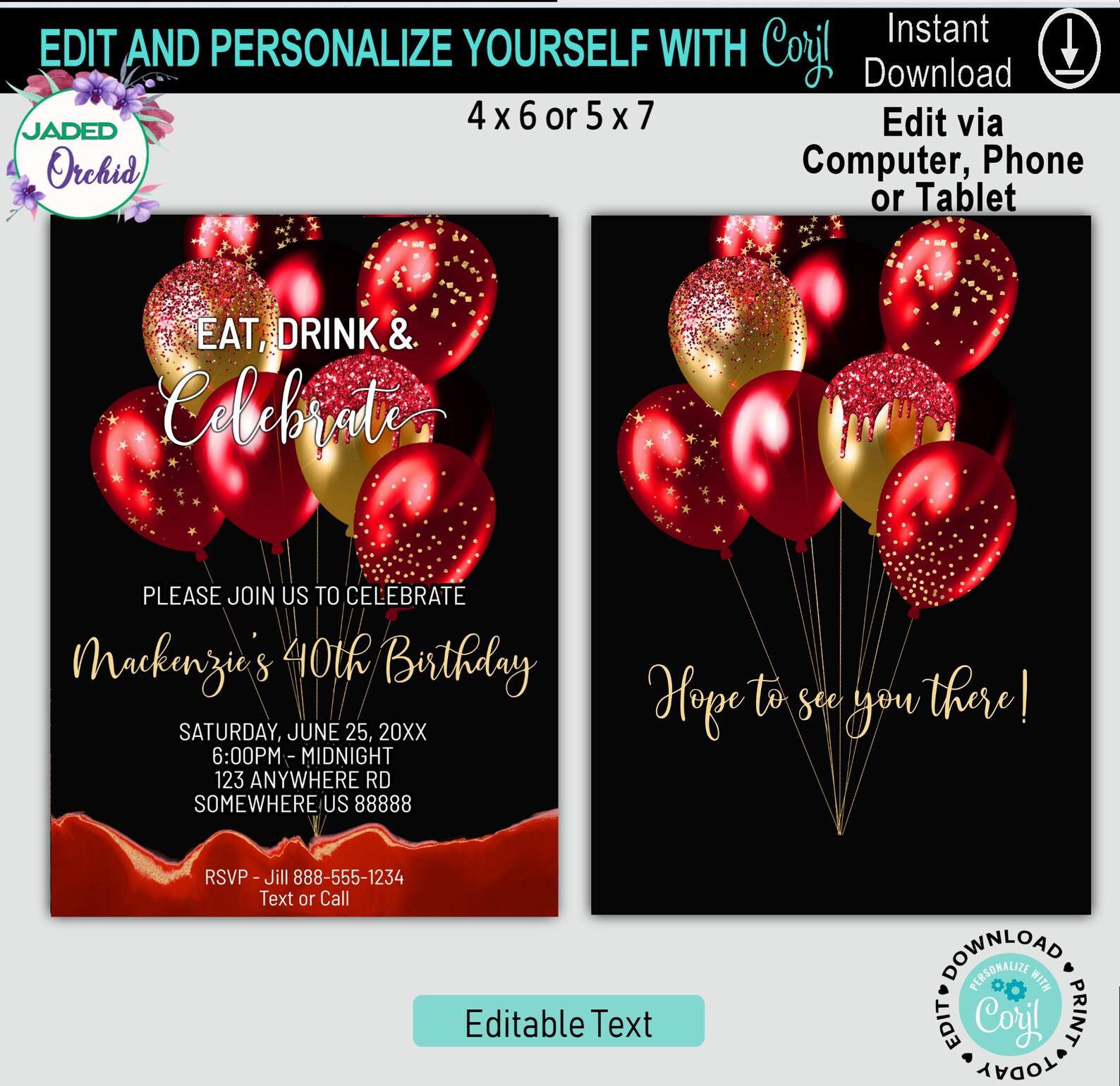 Printable Red Birthday Party Invitation Red and Gold Birthday - Etsy