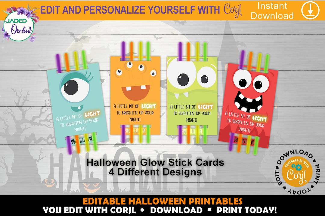 Halloween Monsters Glow Sticks Card, Halloween Glow Sticks Tag ...