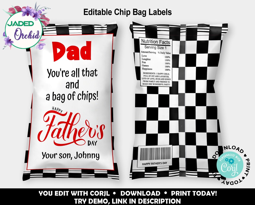 Happy Father's Day Chip Bag Label, Father's Day Party Favor, Printable ...
