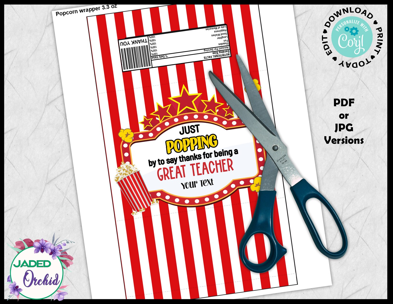 Thank You Party Favor, Printable Teacher Appreciation Thank You Popcorn ...