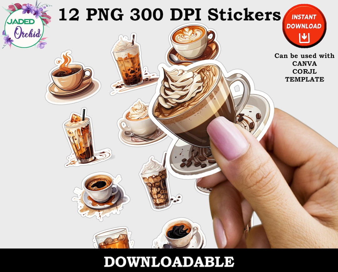 Coffee Sticker, Print and Cut Digital PNG Sticker, 12 Designs, Journal ...