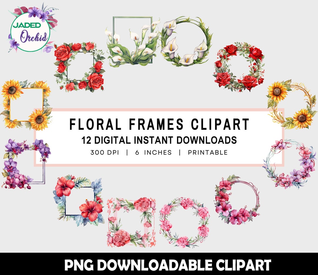 Watercolor Floral Frames Clipart, Digital Floral Clip Arts, 12 PNG ...