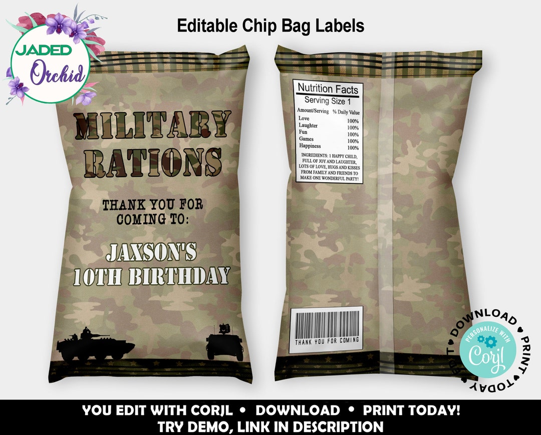 Military Chip Bag Label, Printable Army Birthday Chip Bag Label ...