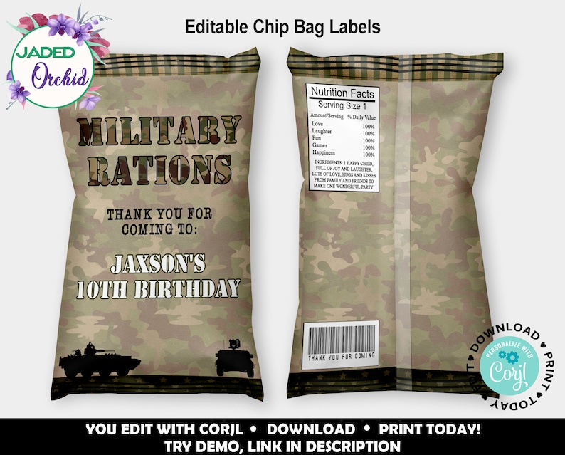 Military Chip Bag Label Printable Army Birthday Chip Bag - Etsy