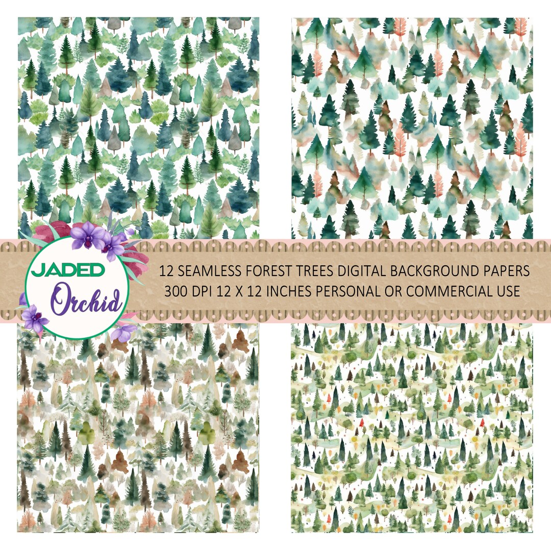 Forest Trees Seamless Background Paper, Watercolor Evergreen Tree ...