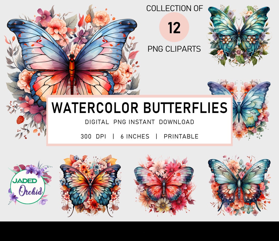 Watercolor Butterfly Clipart PNG Digital Download, Vivid Colorful ...