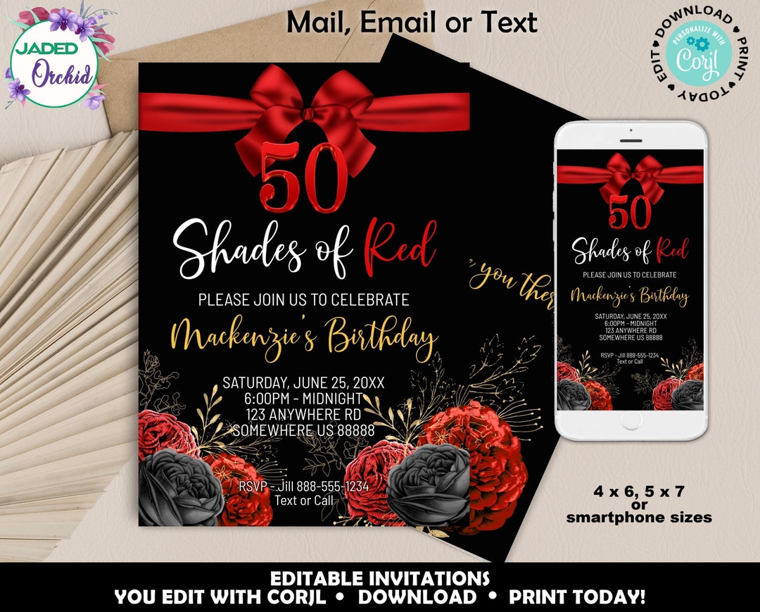 Printable 50 Shades of Red Party Invitation, Red 50th Birthday ...