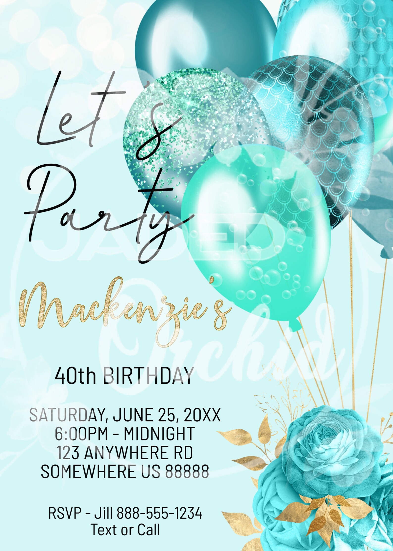 Printable Teal Birthday Invite Teal and Gold Birthday - Etsy