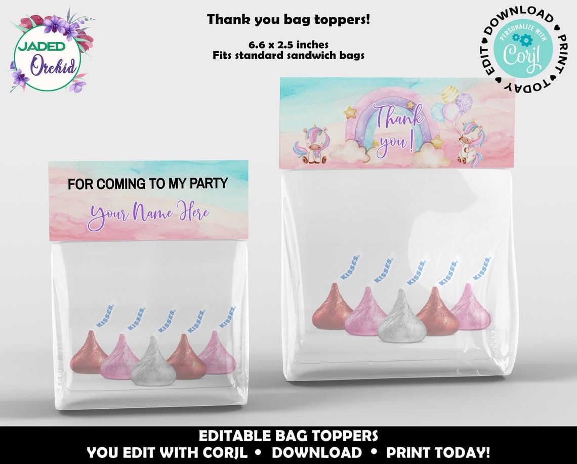Printable Unicorn Birthday Bag Toppers Editable Unicorn | Etsy