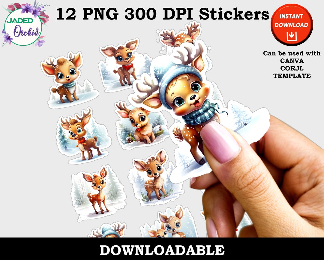 Christmas Reindeer Stickers, Cute Holiday Print and Cut Digital PNG ...