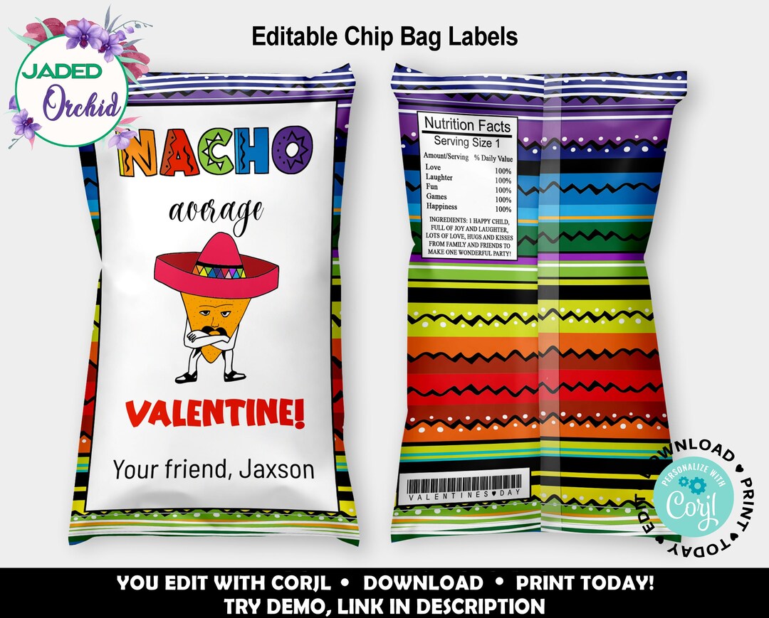 Nacho Average Valentines Day Chip Bag, Valentines Chip Bag Label ...