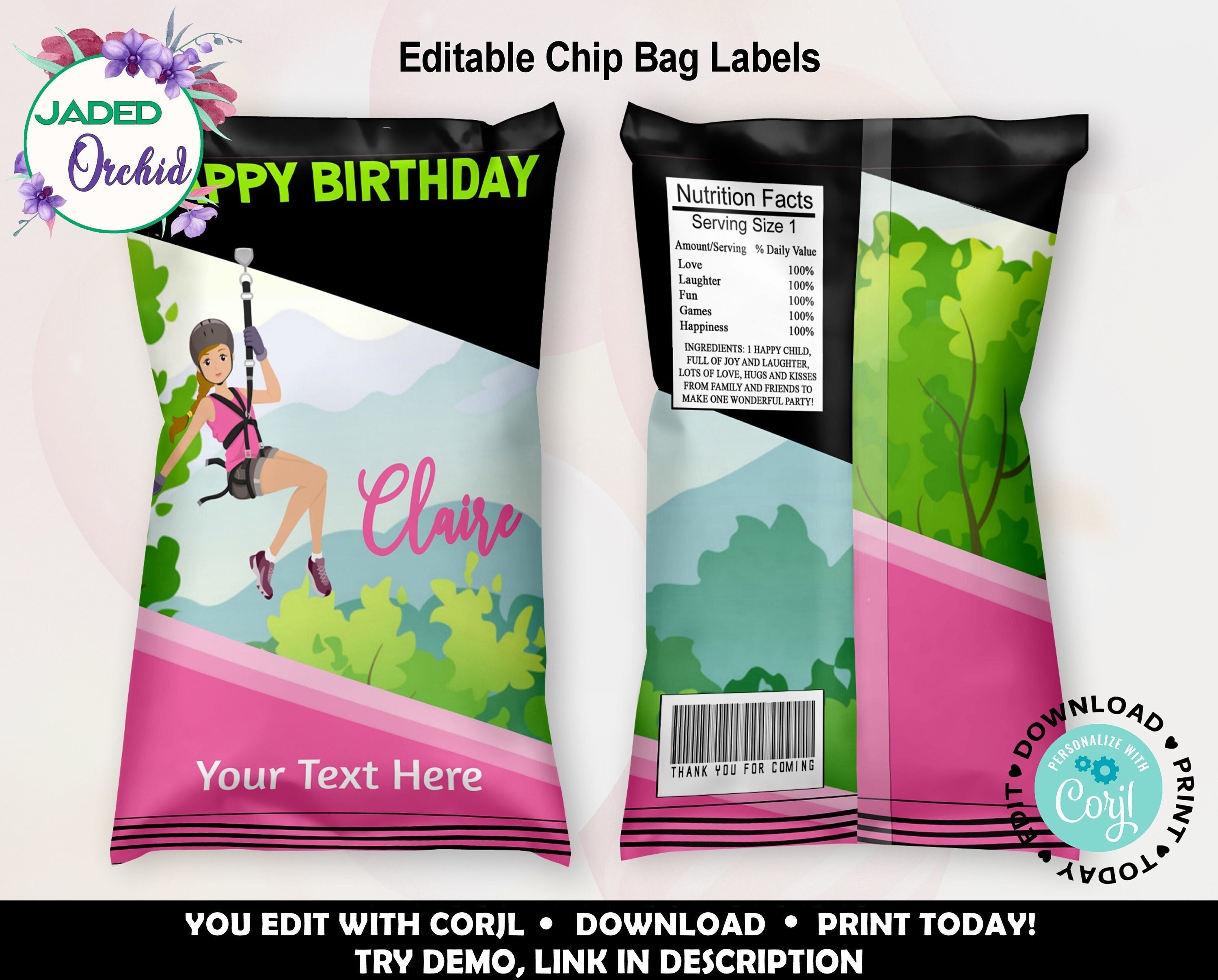 Party Favors & Games Printable Ziplining Party Chip Bag Label Editable ...