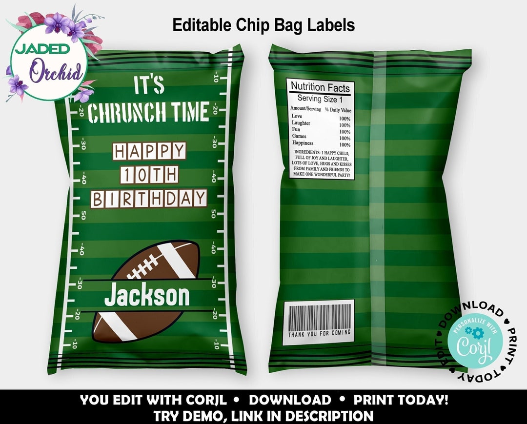 Football Birthday Party Chip Bag Label, Printable Football Chip Bag ...