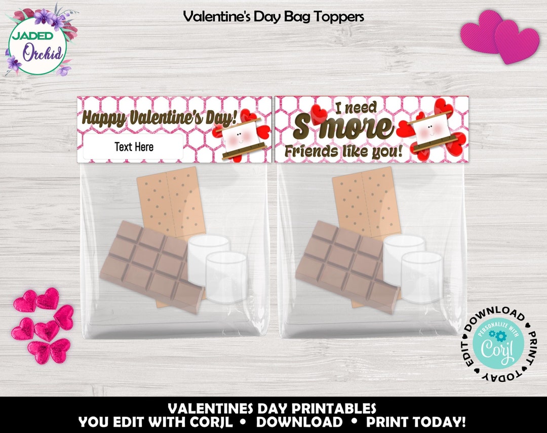Smores Valentine's Day Bag Toppers, Personalized Treat Bag Toppers ...