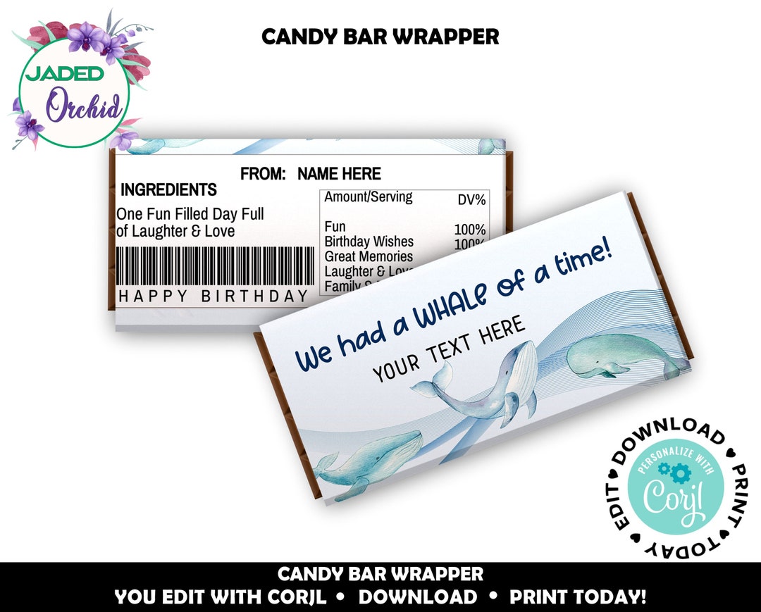 Whale Chocolate Bar Wrapper, Whale Party Favors, Whale Birthday Party ...
