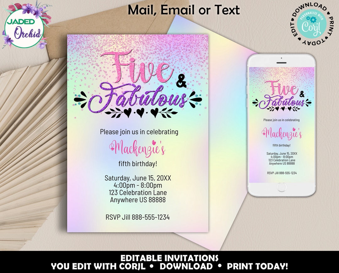 Printable Girls 5th Birthday Invitation, Five and Fabulous Birthday ...