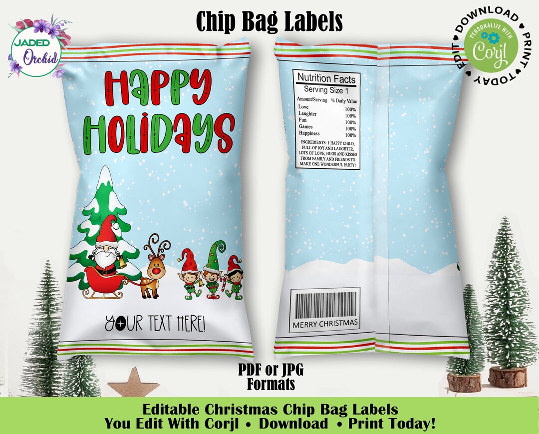 Printable Happy Holidays Chip Bag Label, Christmas Chip Bag, Merry ...