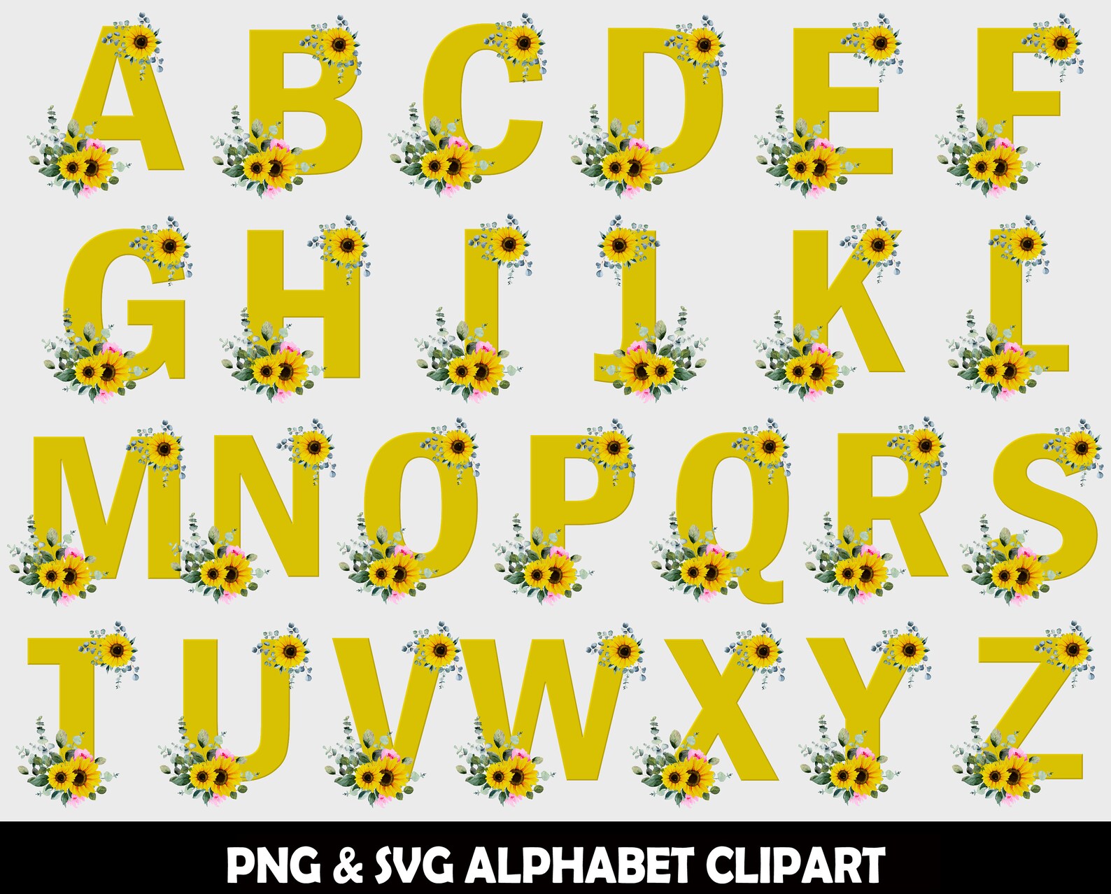 Sunflower Letters Clipart, Sunflower SVG and PNG Clipart, Sunflower SVG ...