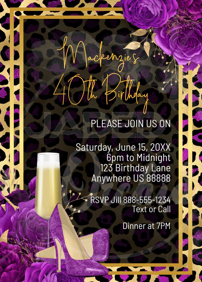 Purple Leopard Birthday Party Invitation Purple and Gold - Etsy