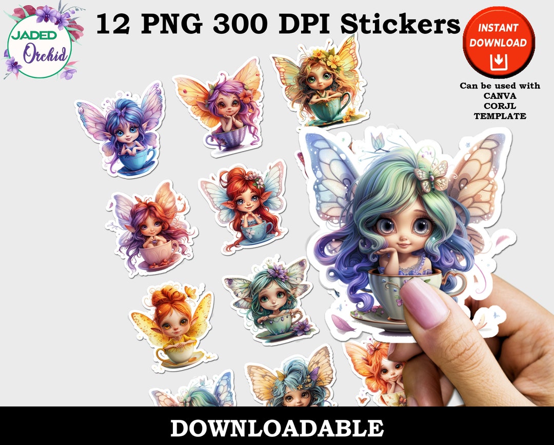 Teacup Fairy Stickers, Print and Cut Digital Fairy PNG Sticker Sheet ...
