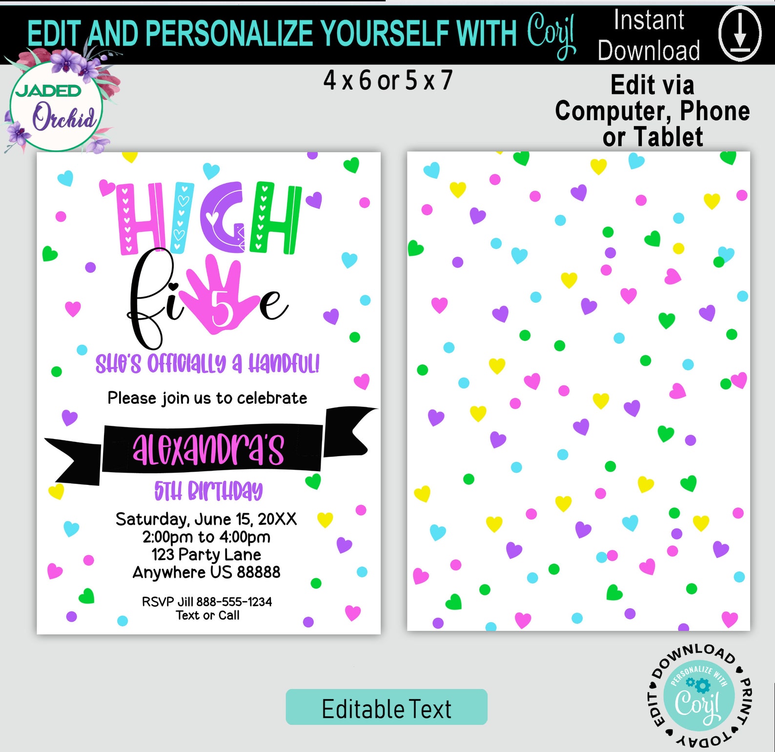 Girls 5th Birthday Invitation Printable High Five Birthday - Etsy