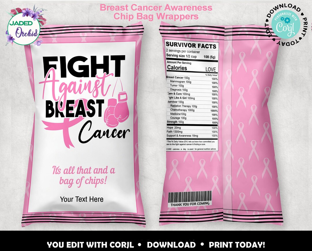 Printable Breast Cancer Awareness Chip Bag Wrap, Pink Breast Cancer Survivor Chip Bag Wrapper ...