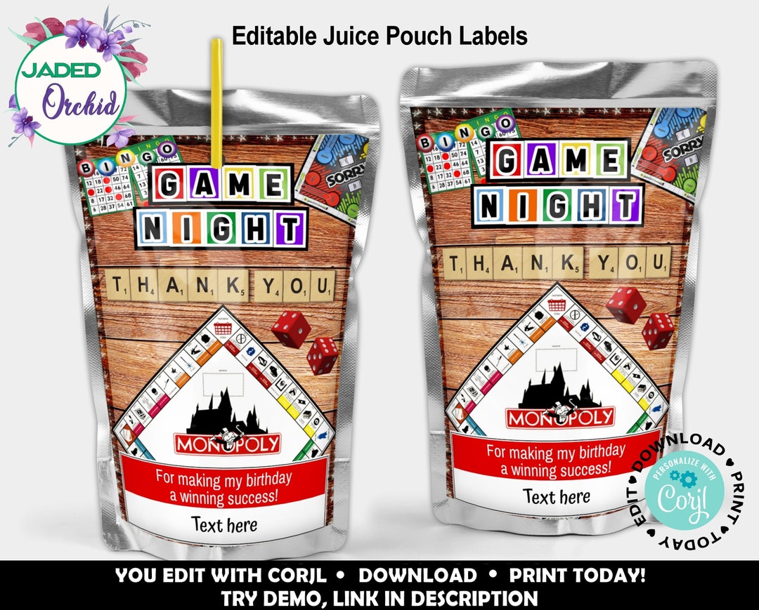 Game Night Juice Label, Printable Game Night Birthday Juice Bag Label ...