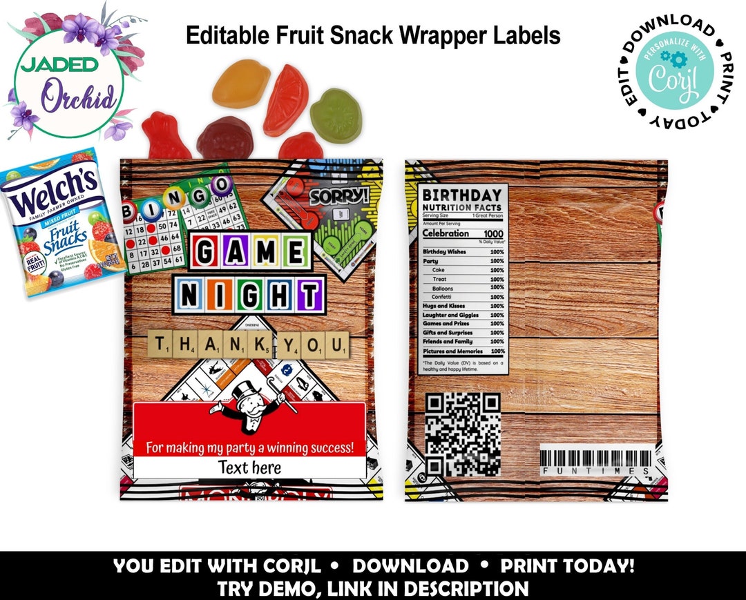 Game Night Fruit Snack Wrapper, Printable Game Night Birthday Fruit ...