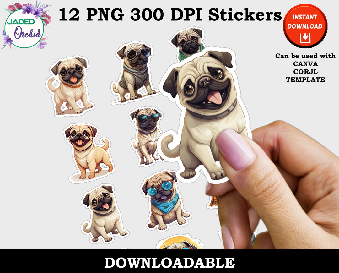 Pug Sticker, Dog Stickers, Print and Cut Digital PNG Sticker, 12 ...