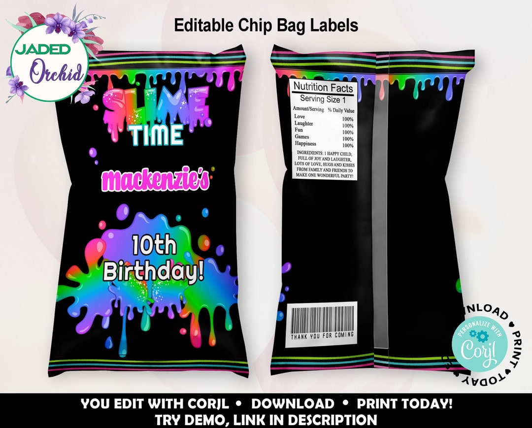 Editable Slime Birthday Chip Bag Label, Slime Label, Personalized Girls ...
