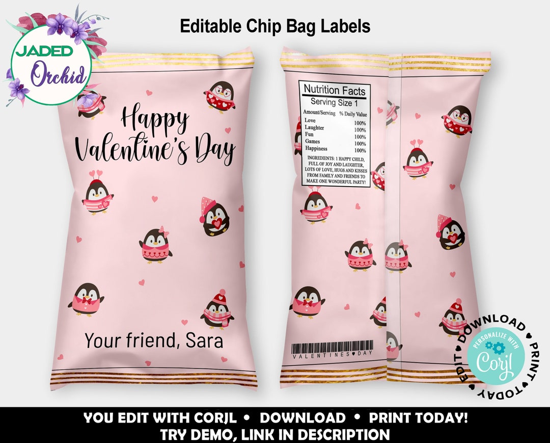 Valentine's Day Penguin Party Favor, Cute Penguins Valentine's Day Chip ...