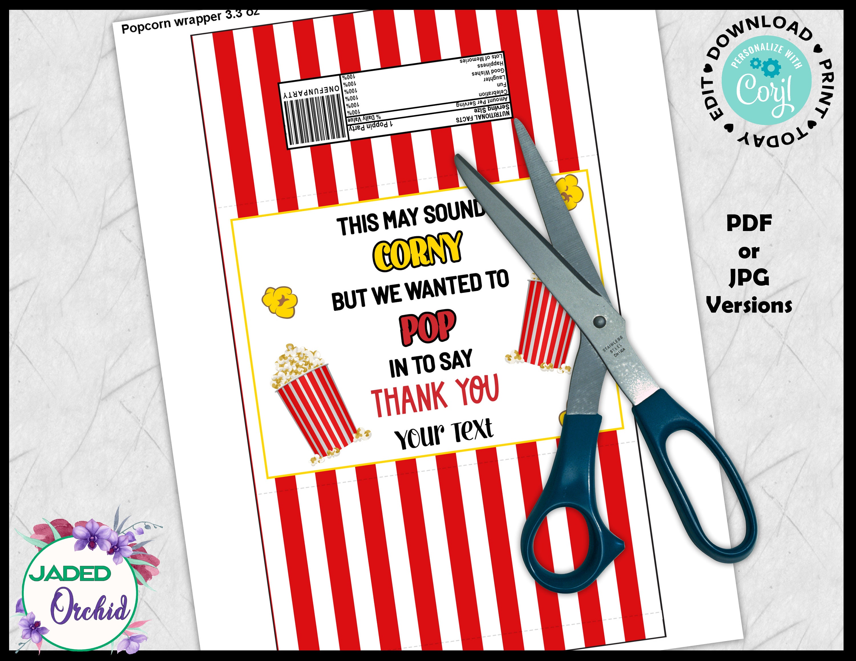 Printable Thank You Popcorn Wrapper Template Popcorn Wrapper | Etsy