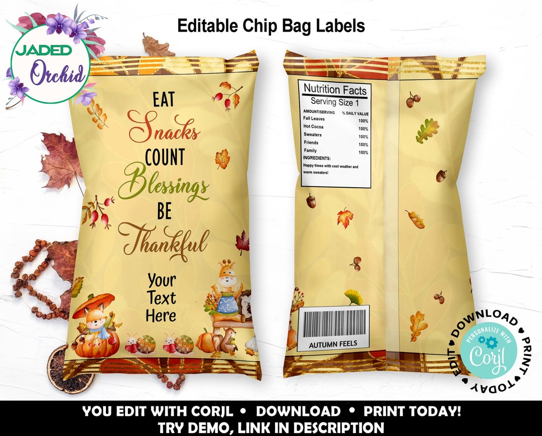 Printable Thanksgiving Kids Chip Bag Labels Fall Chip Bag - Etsy