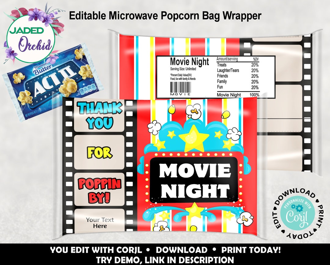 Printable Movie Night Thank You Popcorn Wrapper Template, Movie Night ...