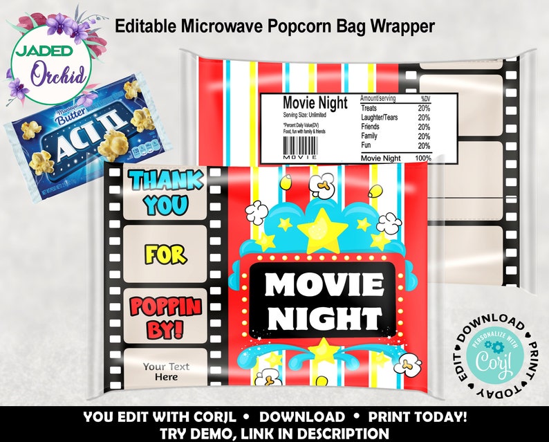 Printable Movie Night Thank You Popcorn Wrapper Template - Etsy