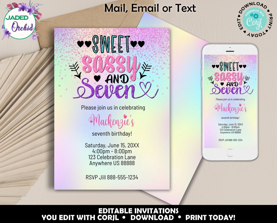 Girls 7th Birthday Invitation, Sweet Sassy and Seven Birthday ...