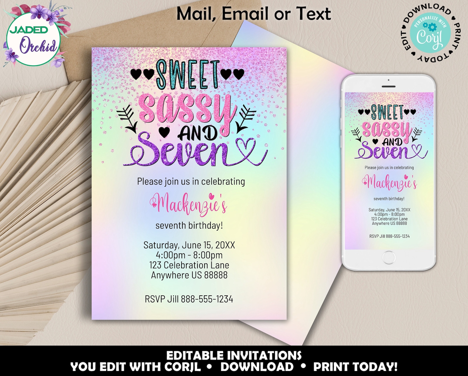 Girls 7th Birthday Invitation Sweet Sassy and Seven Birthday - Etsy