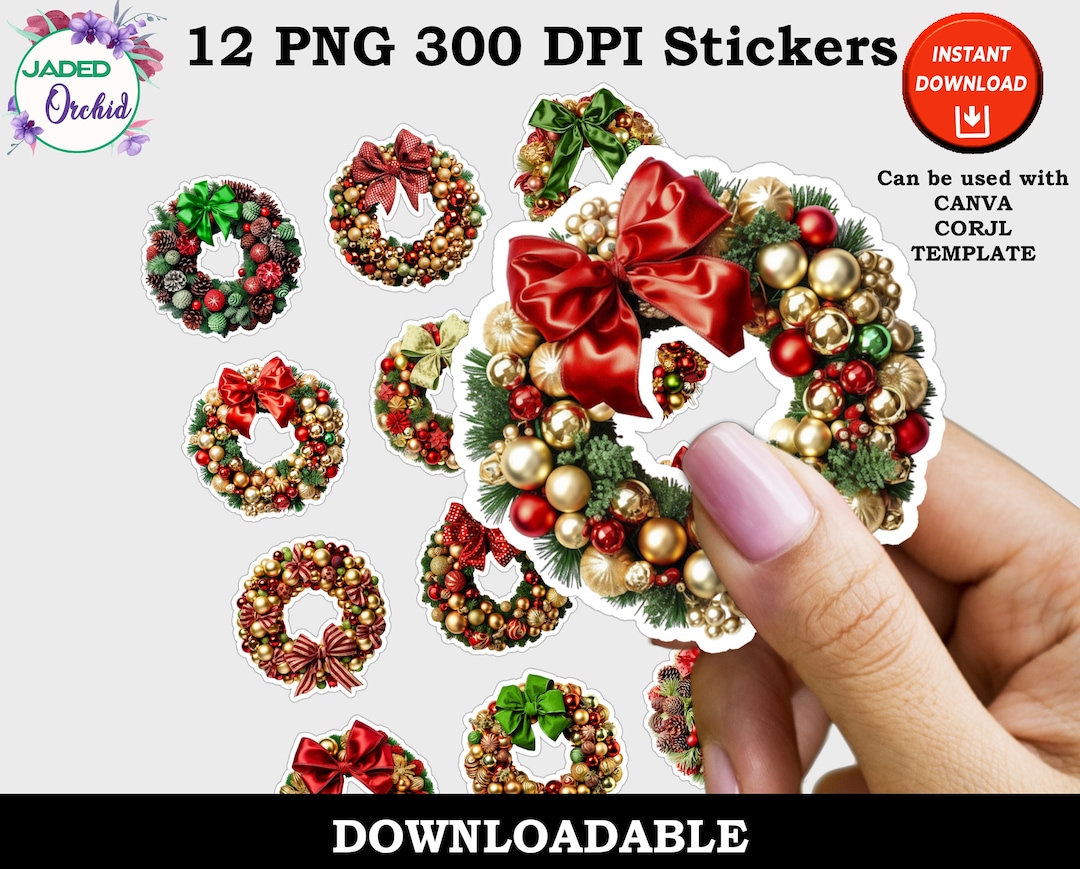 Christmas Wreath Stickers, Print and Cut Digital PNG Sticker Sheets 12 Designs, Die Cut Stickers ...