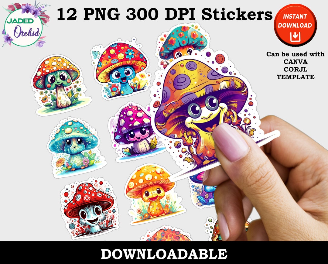 Mushroom Stickers, Print and Cut Digital PNG Sticker Sheet, 12 ...
