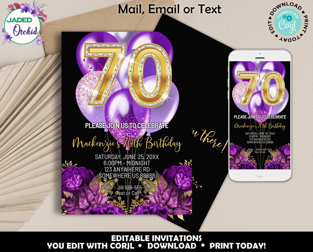 Purple and Gold 70th Birthday Party Invitation, 70th Birthday ...