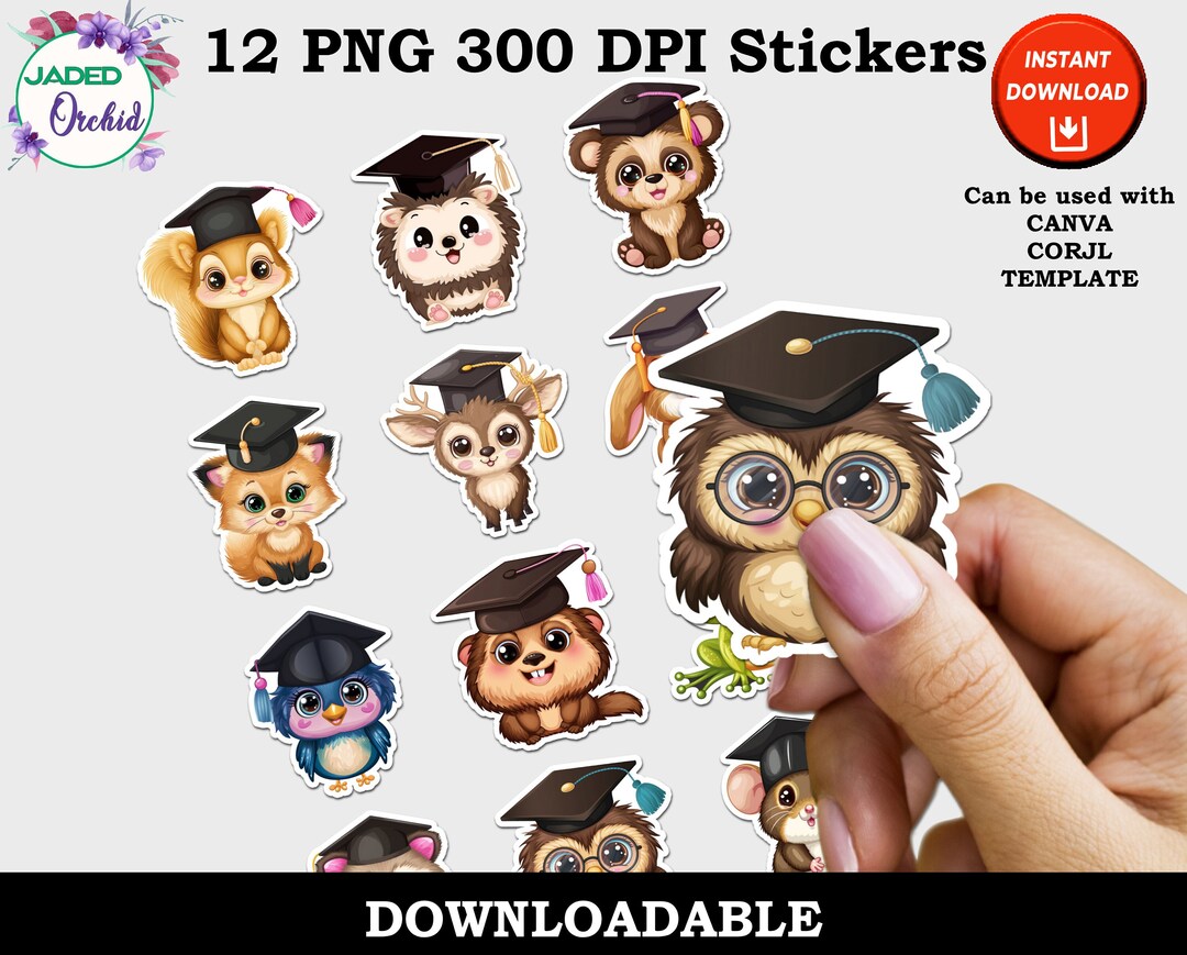 Graduation Animal Print and Cut Digital PNG Sticker Sheet, 12 Different ...