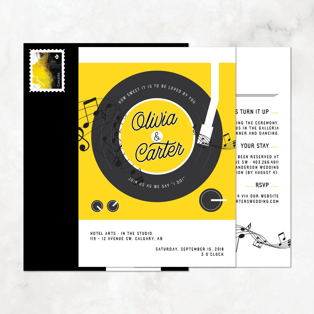 Music Wedding Invitation Set, Record Player, Yellow, Black, Record ...