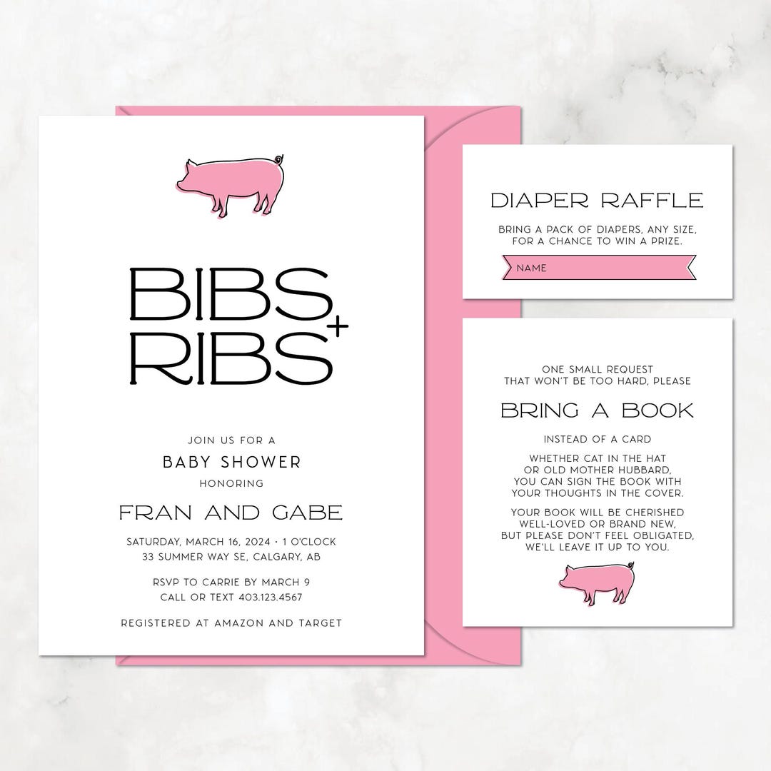 Bibs Ribs Baby Shower Invitation With Diaper Raffle, Bring A Book ...