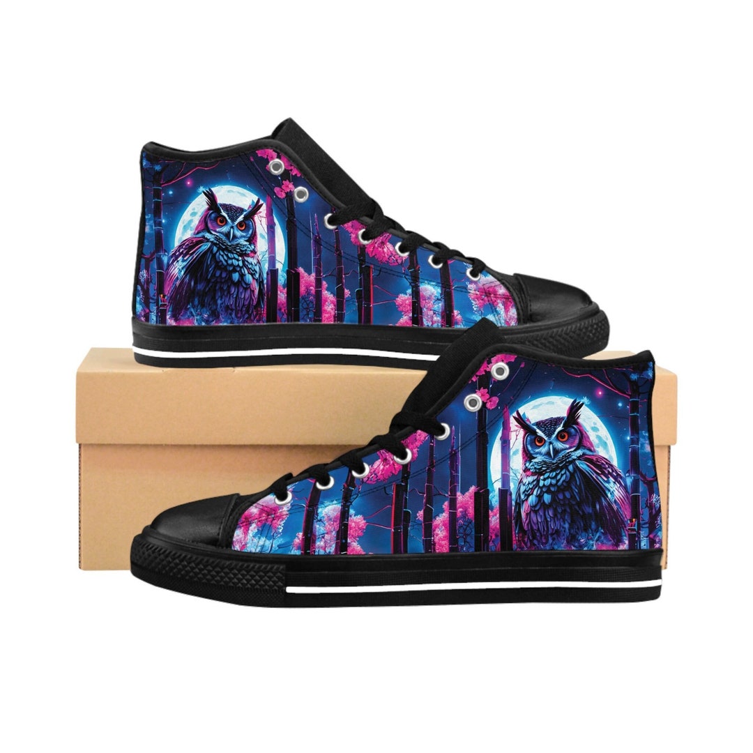 Men's Cyberpunk Owl Shoes, Synthwave Aesthetic Sneakers, Futuristic ...
