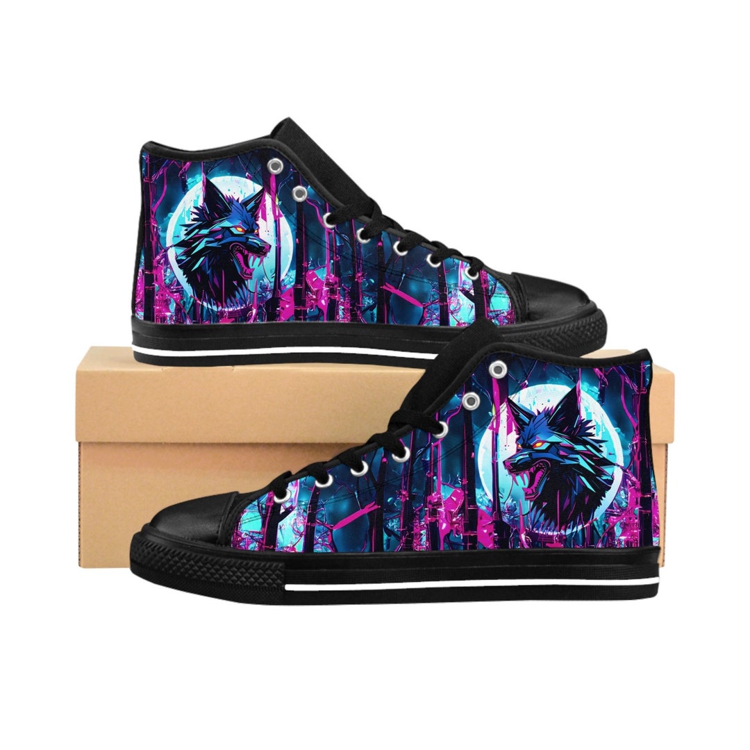 Mens Cyberpunk Wolf Shoes, Full Moon Forest Sneakers, Retro Synthwave ...