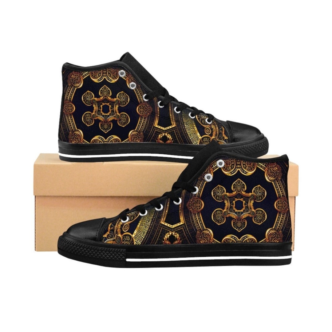 Mens Fashion Sneakers Black Gold Ornamental Shoes Canvas High Tops ...