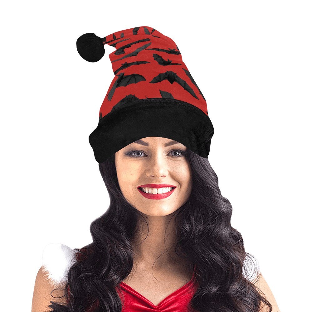 Goth Santa Hat Gothic Christmas Cap Red Black Bats Alt Holiday Headwear ...